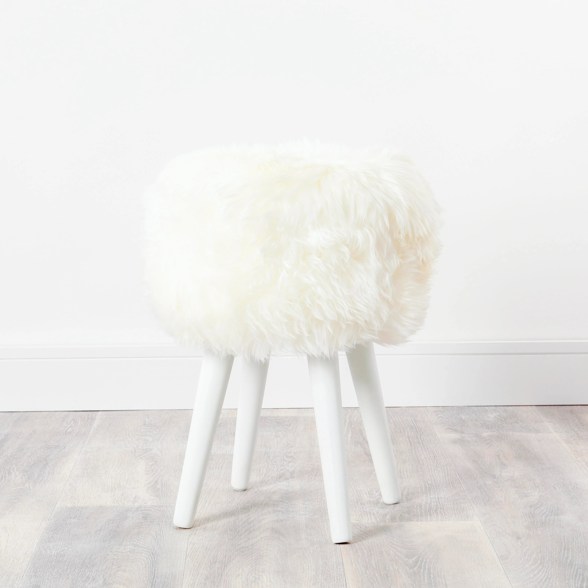 Natural White Sheepskin Wood Stool – White